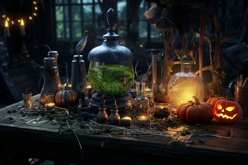 Wicked Witchs Potion Table Table Adorned with Stock Illustration ...