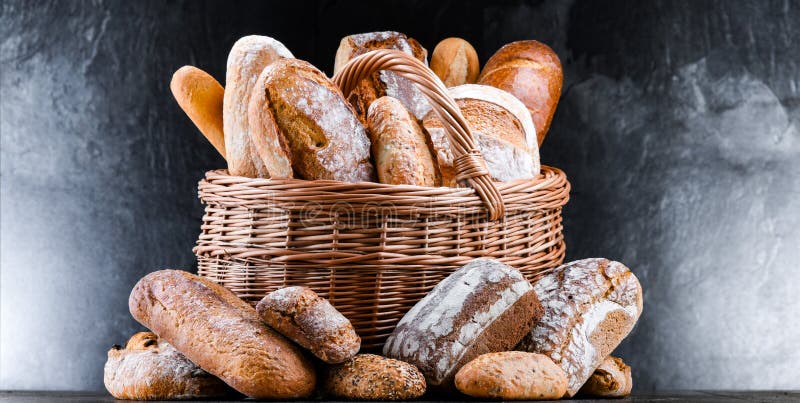 Wicker Basket with Assorted Bakery Products Stock Image - Image of ...