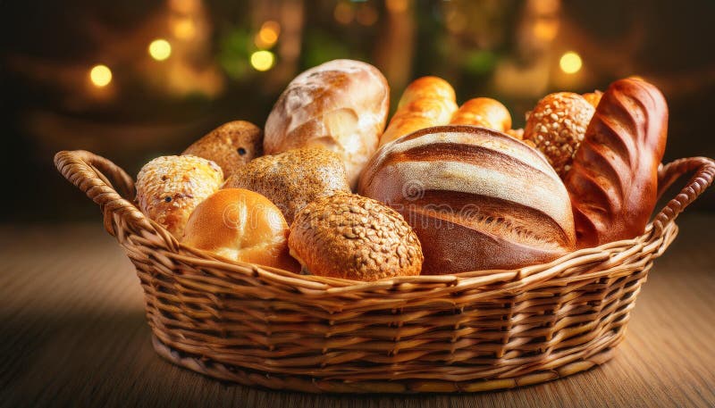 Wicker Basket with Assorted Bakery Products Including Loafs of Bread ...