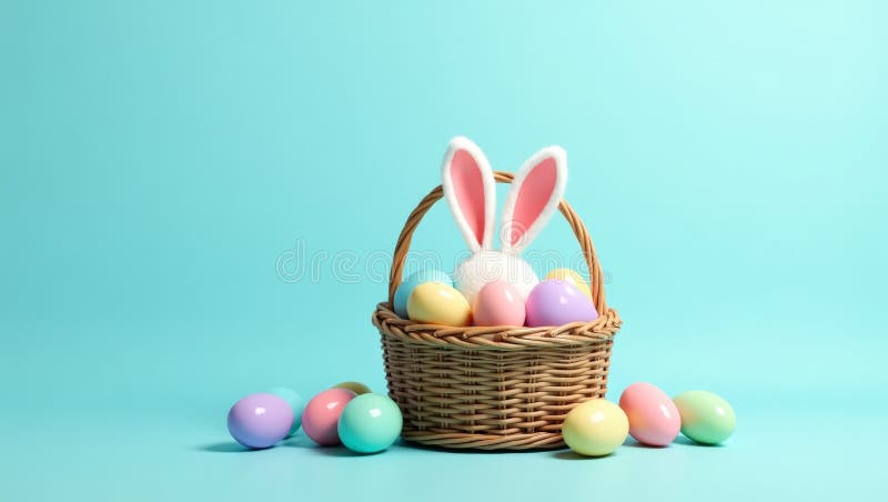 Wicker Basket with Colorful Easter Eggs and Bunny Ears on Light Blue ...