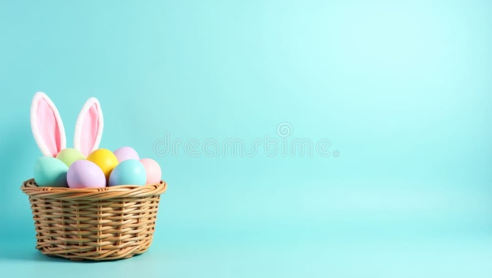 Wicker Basket with Colorful Easter Eggs and Bunny Ears on Light Blue ...
