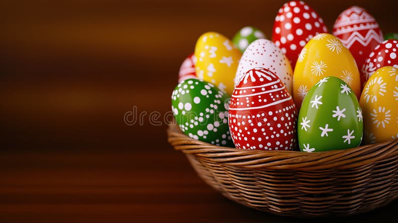 Wicker Basket with Colorful Easter Eggs on Wood Surface, Side View, Copy Space Stock Photo ...