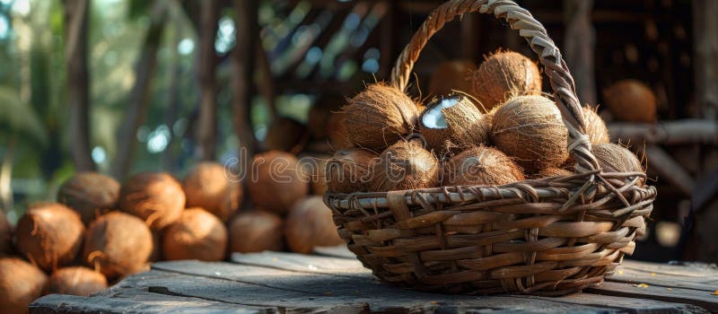 Ripe Coconuts in a Basket in a Tropical Setting Stock Image - Image of ...