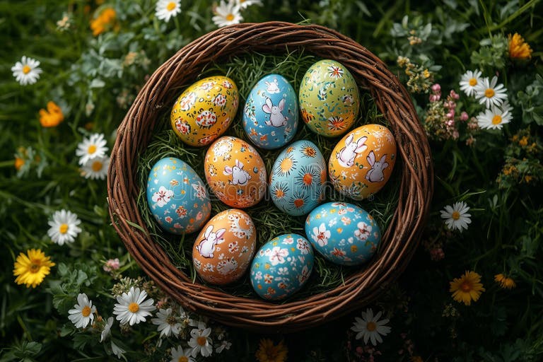Wicker Basket Filled with Ten Decorated Easter Eggs Featuring Floral ...