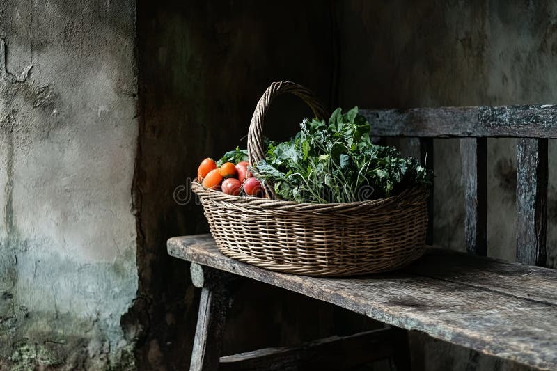 A Wicker Basket of Freshly Picked Vegetables Resting on a Rustic Stock ...