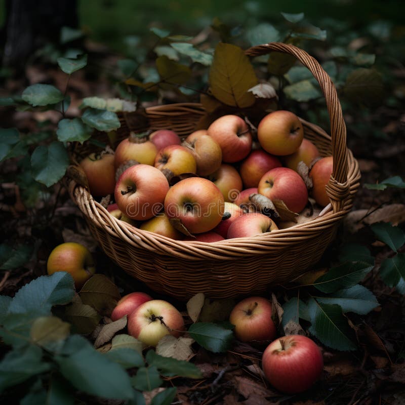 Wicker Basket Full of Ripe Red Apples on the Ground in Autumn Forest ...