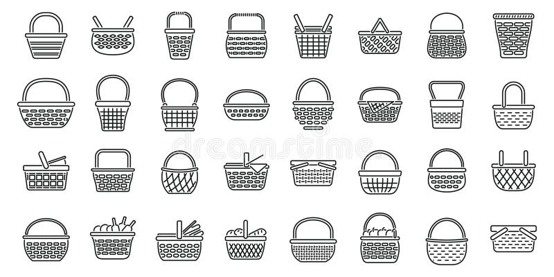 Wicker Basket Icons Set. Large Set of Various Empty Wicker Baskets with ...