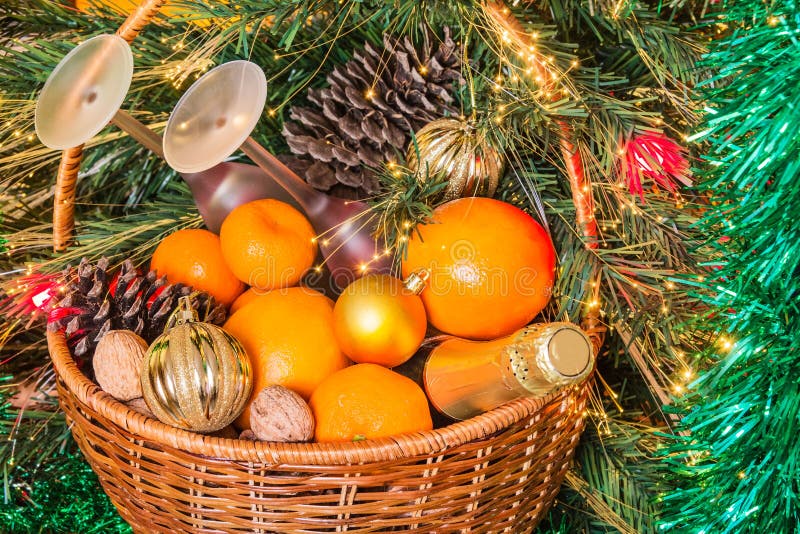 Wicker Basket for New Year S Picnic Stock Photo - Image of gleam, gold ...