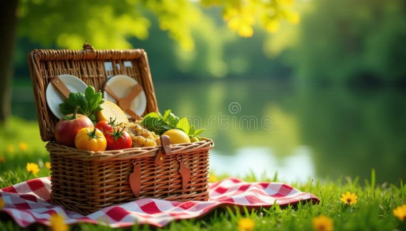 Wicker Basket Overflowing with Gourmet Picnic Fare by a Tranquil River ...