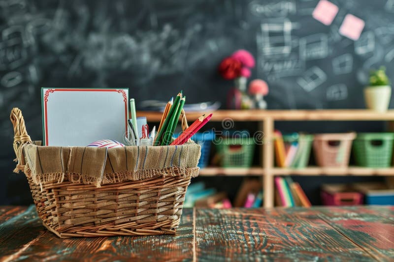 Wicker Basket with School Supplies on a Desk, Classroom Setting ...