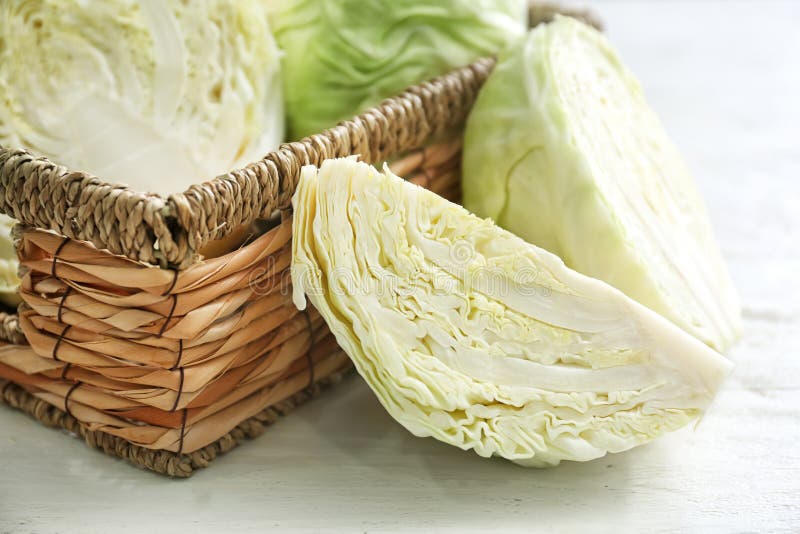 Wicker Basket with Sliced Cabbage on White Table Stock Photo - Image of ...