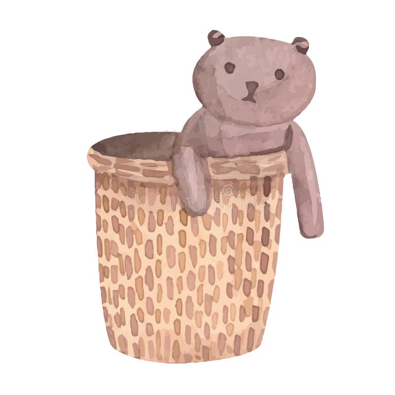 Wicker Basket with Toy Bear Watercolor Stock Illustration ...