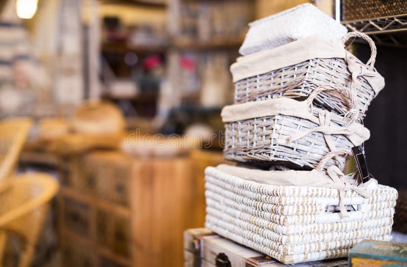 Wicker Baskets in Decor Store Stock Photo - Image of selling, basket ...
