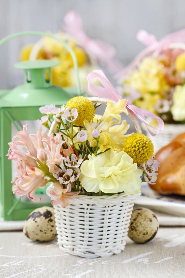 Wicker Baskets with Early Spring Flowers Stock Photo - Image of glitter ...