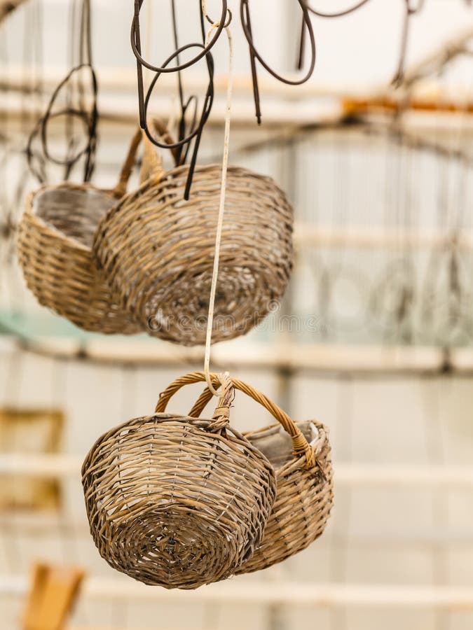 Wicker Baskets Hanging Under Ceiling Stock Photo - Image of straw ...