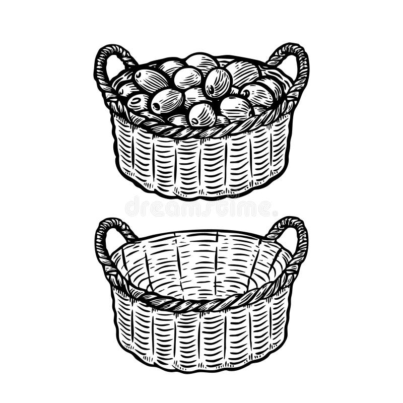 Wicker Baskets Line Drawing Isolated on White Background Stock Vector ...