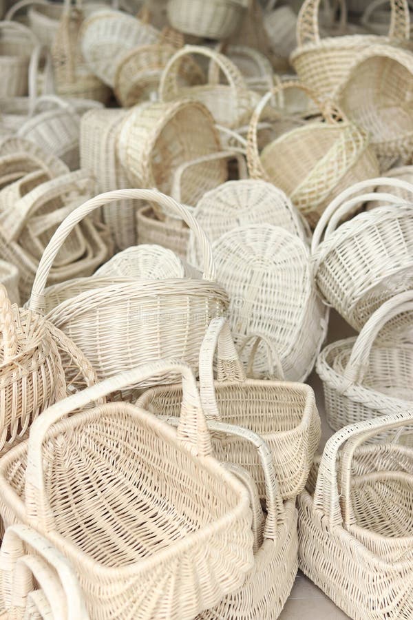 Wicker Baskets Stacked Together, Close-up. White Wicker Baskets for ...