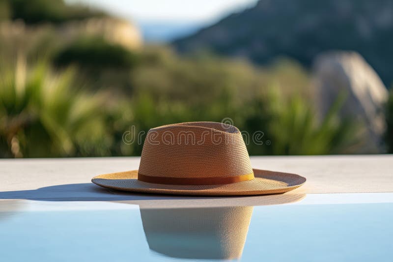 Wicker Beach Hat by the Pool. Stock Illustration - Illustration of ...