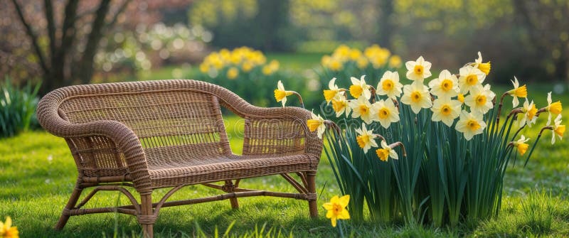 Wicker Bench in Lush Garden Surrounded by Yellow Daffodils in Spring ...