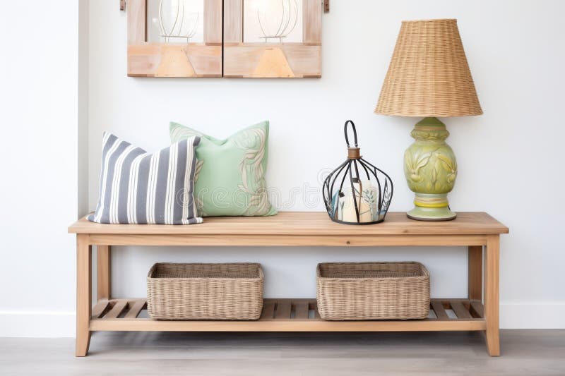 Wicker Bench Underneath a Reclaimed Wood Console in a Coastal-style ...