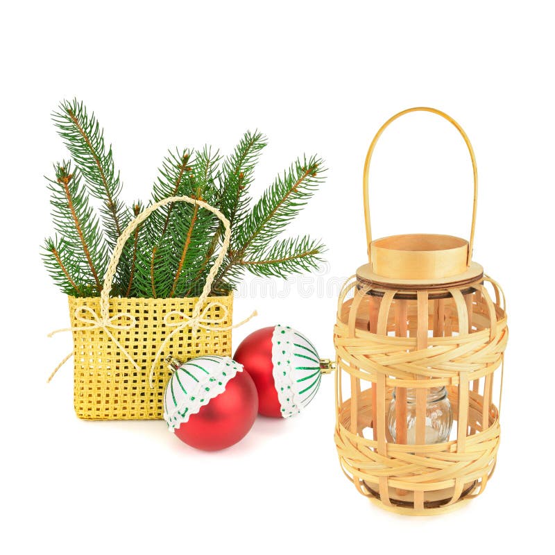 Wicker Candle Holder and Christmas Decorations Isolated on a White ...