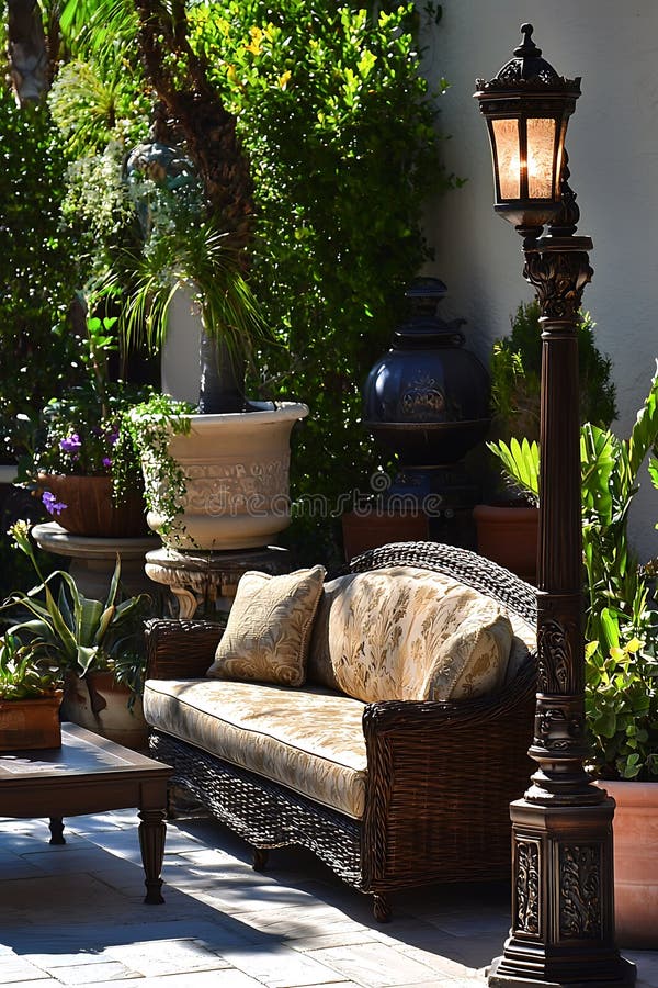 Wicker Chair and Bench are Placed in Front of a Lamp Post Stock Image ...
