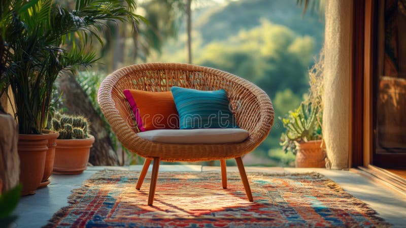 Wicker Chair on Patio with Colorful Rug and Plants Stock Illustration ...