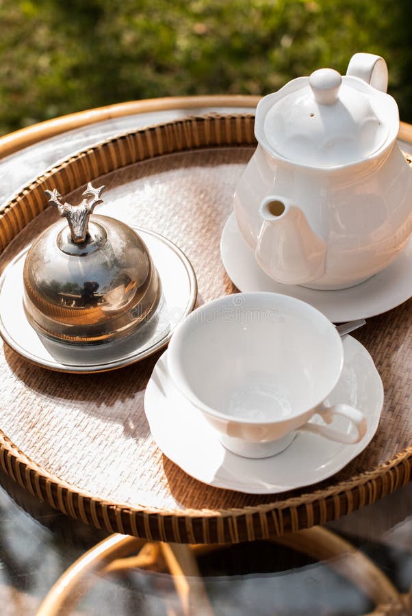 Wicker Chairs and Table with Tea Set Stock Image - Image of espresso ...