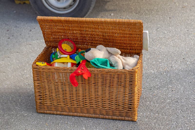 Wicker Chest Toys stock image. Image of plastic, plush - 237020391