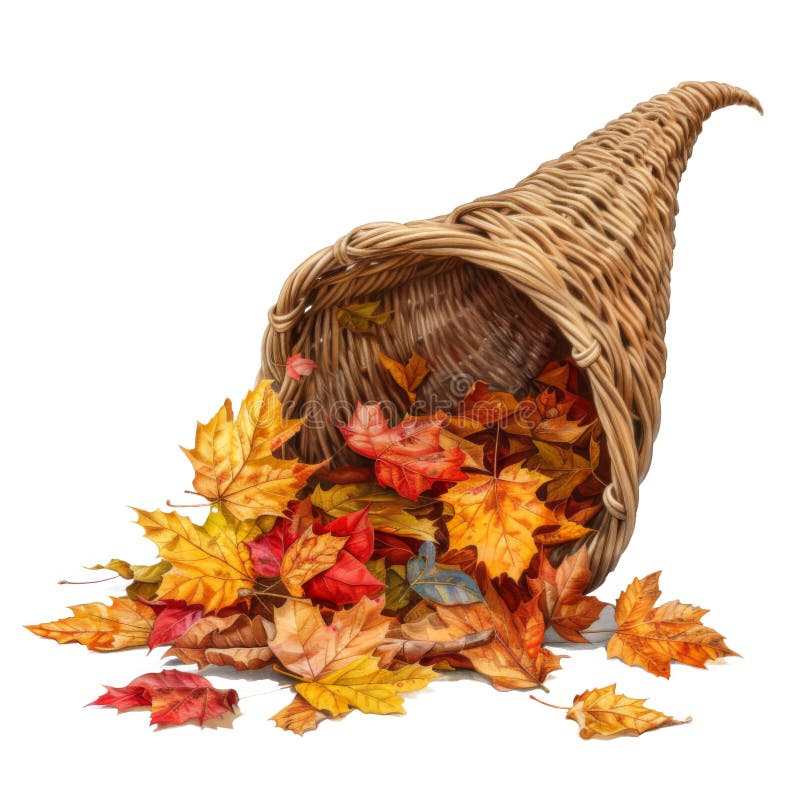 Wicker Cornucopia Overflowing with Autumn Leaves Stock Illustration ...