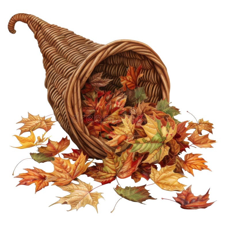 Wicker Cornucopia Overflowing with Autumn Leaves Stock Illustration ...