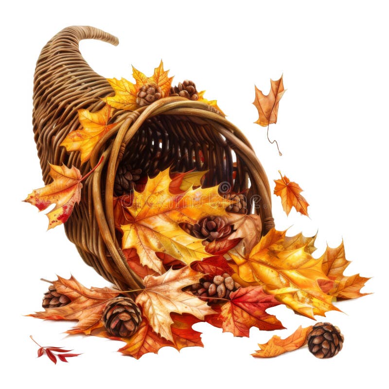 Wicker Cornucopia Overflowing with Autumn Leaves and Pine Cones Stock ...