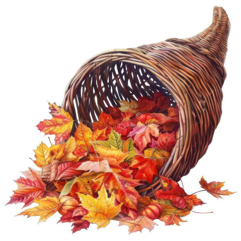Wicker Cornucopia Overflowing with Colorful Autumn Leaves Stock Photo ...