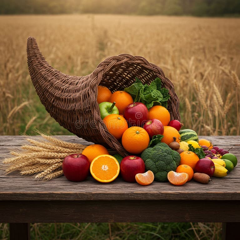 A Wicker Cornucopia Overflows with Assorted Fruits and Vegetables on a ...