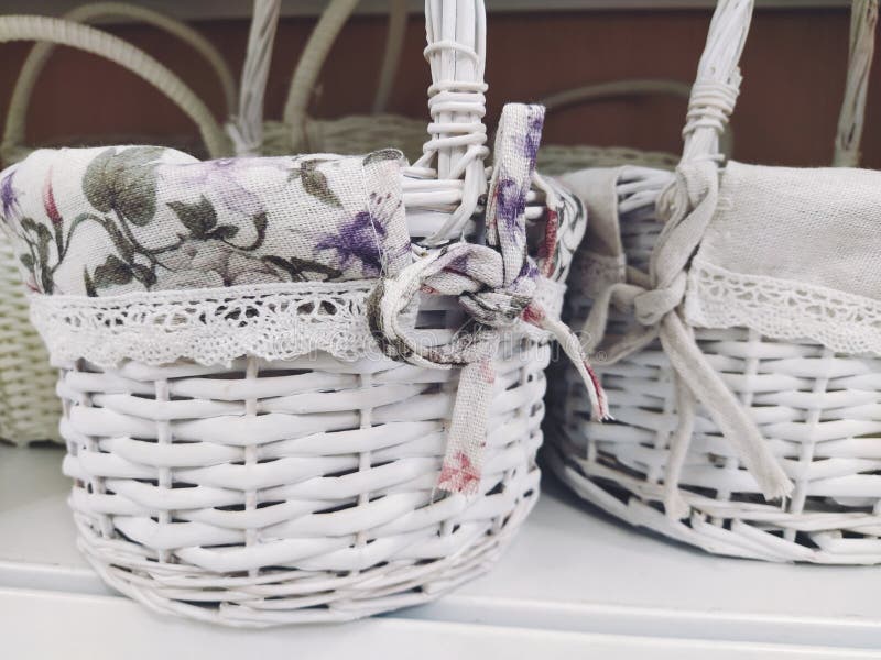 Wicker Decorative Baskets on a Shelf in a Store. Pretty Baskets Painted ...