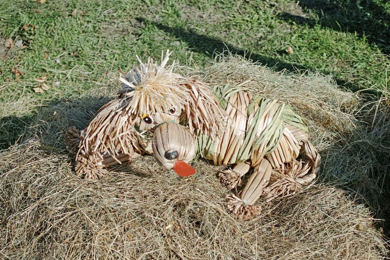 Wicker dog in the hay stock photo. Image of stalks, closeup - 130705336