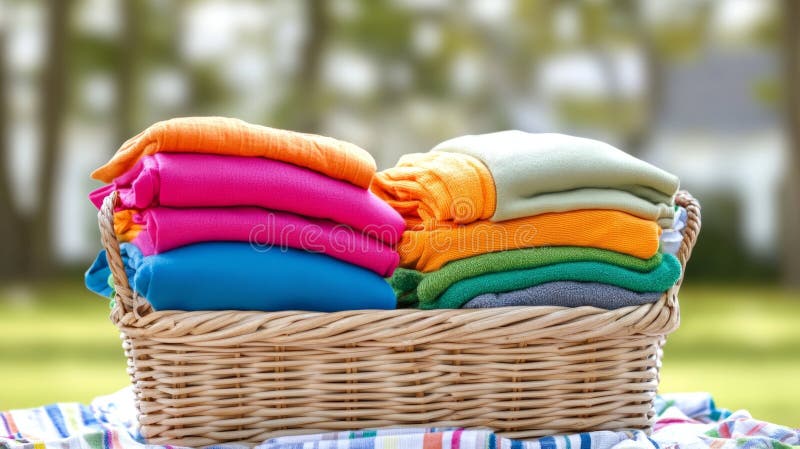 Wicker Laundry Basket Brimming with Folded Clothes, Laundry Day Chores ...