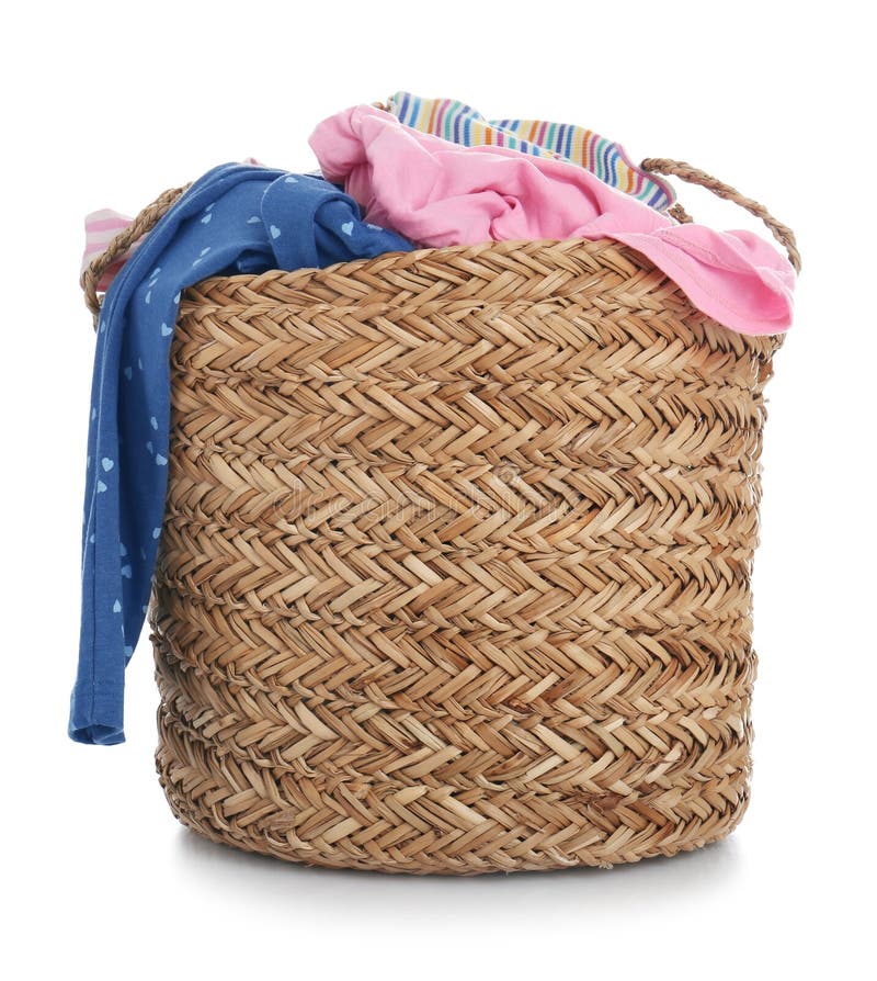 Wicker Laundry Basket with Clothes Isolated on White Stock Image ...