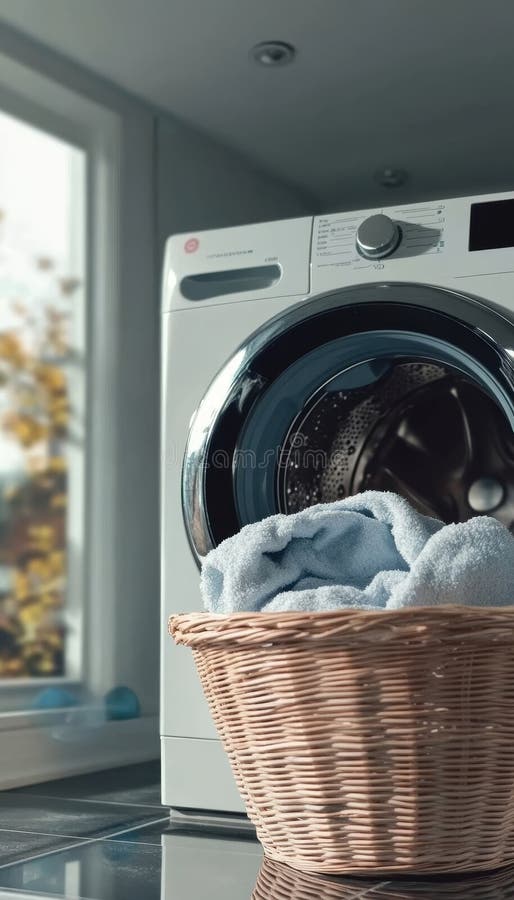 Wicker Laundry Basket Full of Clothes in Front of a Modern Washing ...