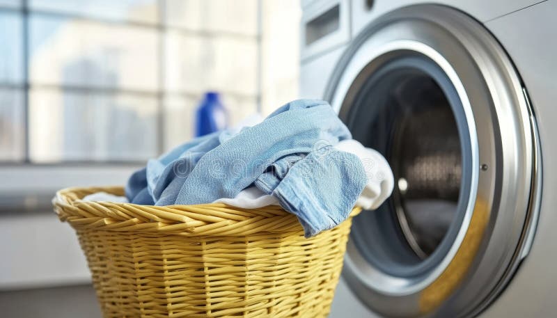 Wicker Laundry Basket Full of Clothes beside Washing Machine in Bright ...