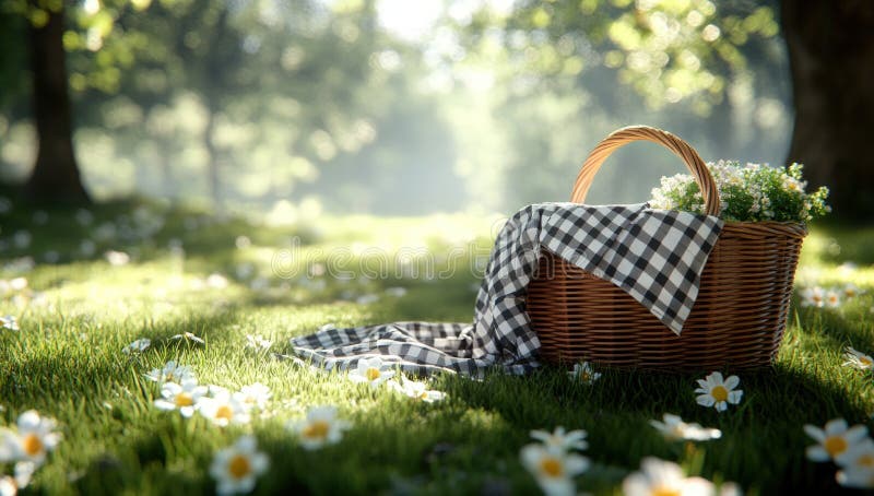 A Wicker Picnic Basket Sits in a Sun-drenched Forest Glade, Surrounded ...