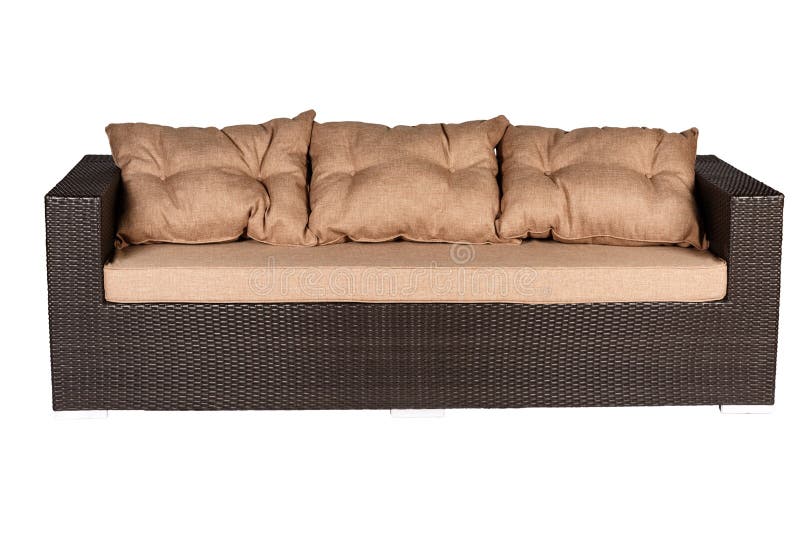 Wicker Sofa with Linen Cushions in Sand Color Stock Photo - Image of ...