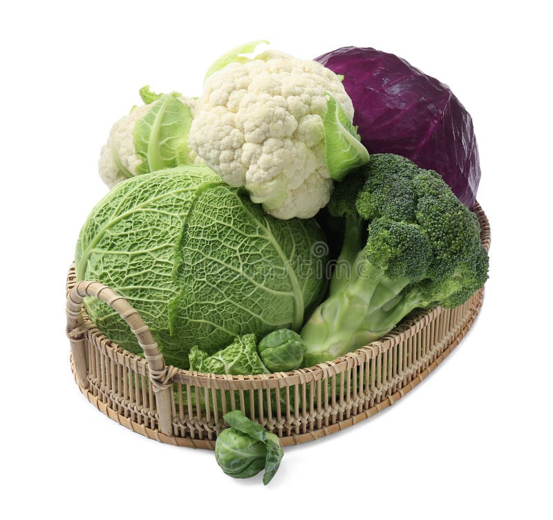 Wicker Tray with Different Types of Fresh Cabbage on White Background ...
