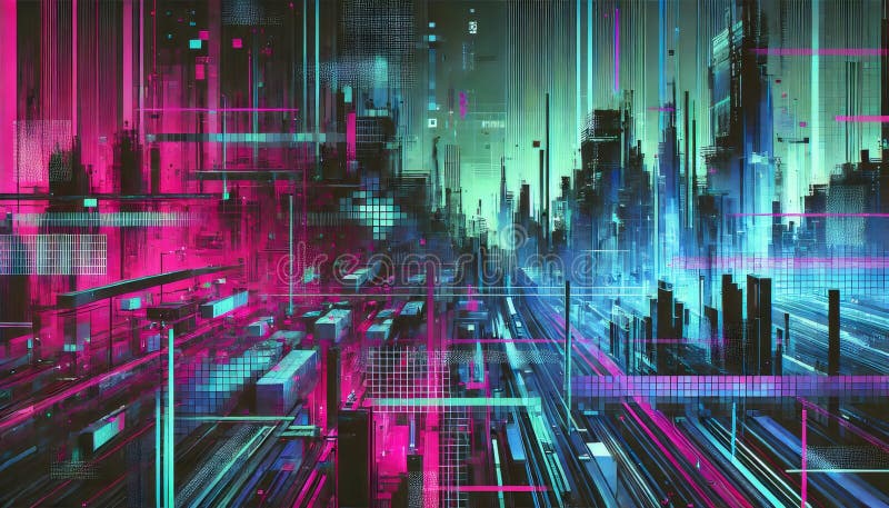 Wide Abstract Artwork Featuring Distorted Digital Textures, Pixelated ...