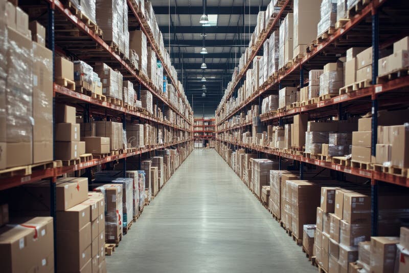Wide Aisle in a Large Warehouse Filled with Rows of Stacked Boxes and ...