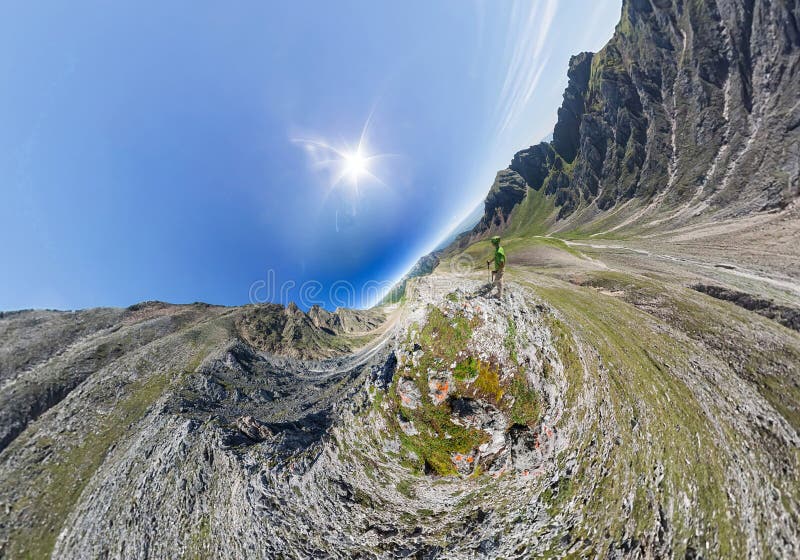 Wide-angle Aerial Panorama a Man Stands on Top in the Mountains Stock ...