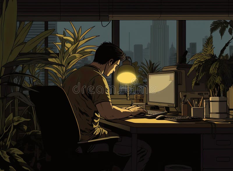 Wide Angle Back View at Man Using Computer at Home Office with Modern ...