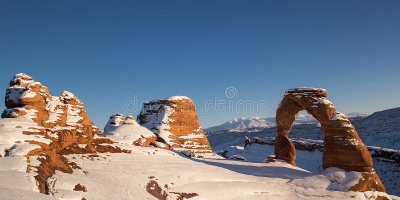 Wide Angle of Delicate Arch in Winter Stock Photo - Image of snow ...