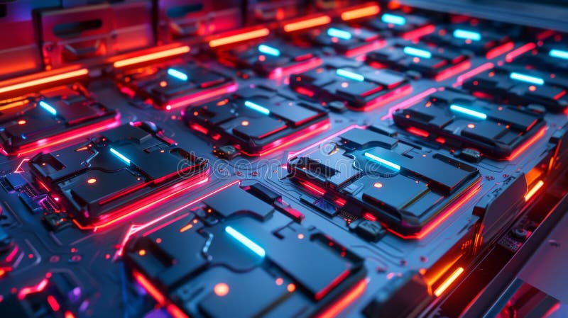 Wide Angle of an Ev Battery with Neon Lights in Detail Stock ...