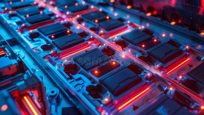 Wide Angle of an Ev Battery with Neon Lights in Detail Stock ...